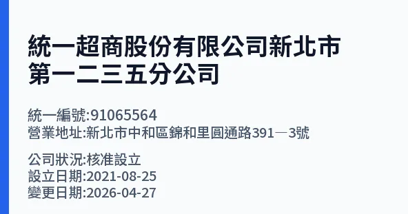 統一超商股份有限公司新北市第一二三五分公司的照片-統編 91065564(新北市) 公司登記資料與營業項目詳細圖表