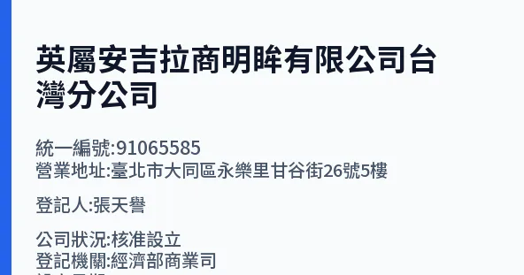英屬安吉拉商明眸有限公司台灣分公司的照片-統編 91065585(臺北市) 公司登記資料與營業項目詳細圖表
