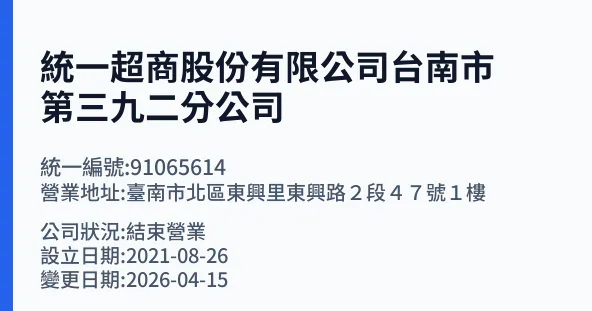 統一超商股份有限公司台南市第三九二分公司的照片-統編 91065614(臺南市) 公司登記資料與營業項目詳細圖表
