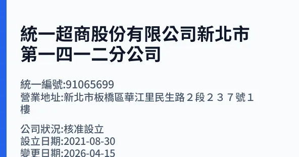 統一超商股份有限公司新北市第一四一二分公司的照片-統編 91065699(新北市) 公司登記資料與營業項目詳細圖表