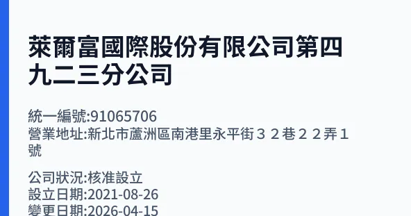 萊爾富國際股份有限公司第四九二三分公司的照片-統編 91065706(新北市) 公司登記資料與營業項目詳細圖表