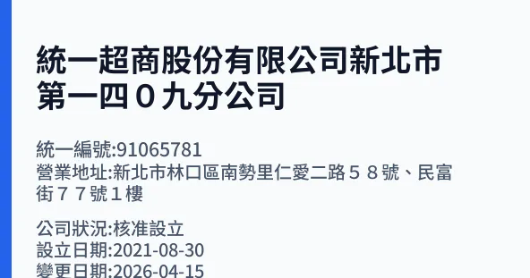 統一超商股份有限公司新北市第一四０九分公司的照片-統編 91065781(新北市) 公司登記資料與營業項目詳細圖表