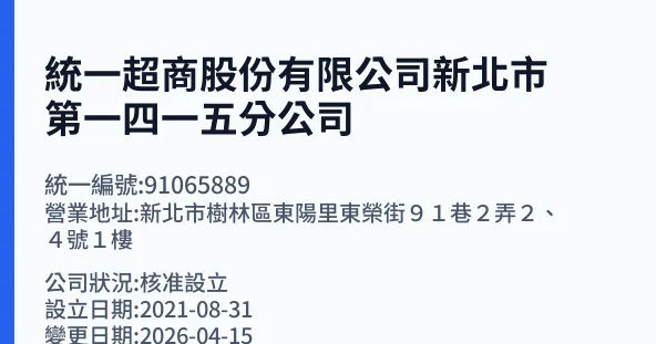 統一超商股份有限公司新北市第一四一五分公司的照片-統編 91065889(新北市) 公司登記資料與營業項目詳細圖表