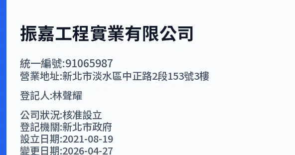 振嘉工程實業有限公司的照片-統編 91065987(新北市) 公司登記資料與營業項目詳細圖表