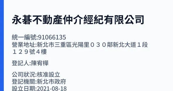 永碁不動產仲介經紀有限公司的照片-統編 91066135(新北市) 公司登記資料與營業項目詳細圖表
