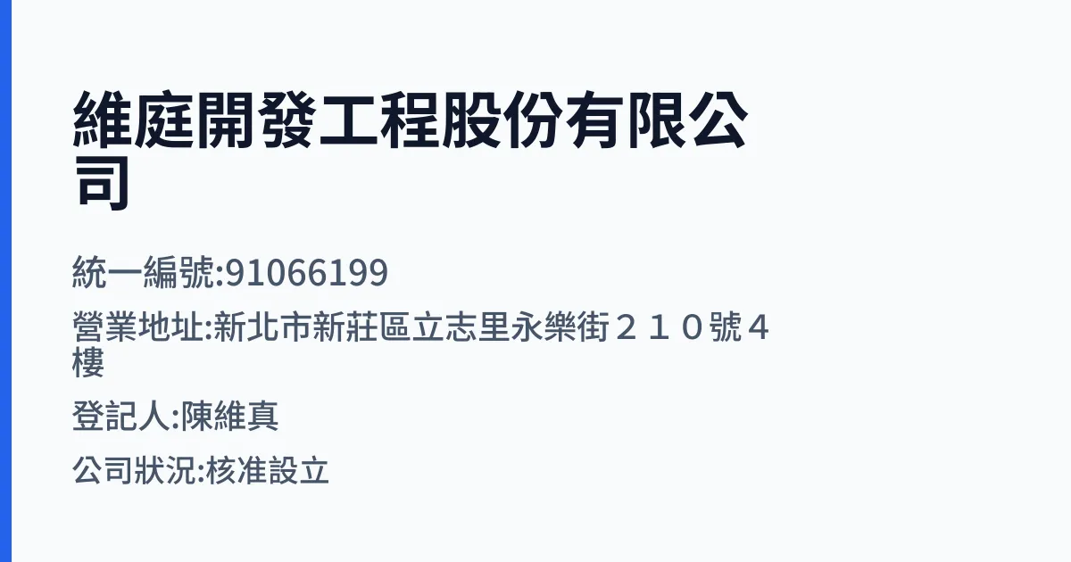 維庭開發工程股份有限公司 - 統編 91066199(新北市) 公司登記資料與營業項目詳細圖表