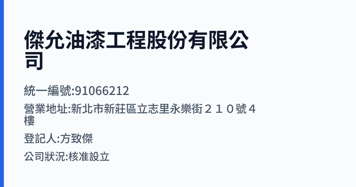傑允油漆工程股份有限公司 - 統編 91066212(新北市) 公司登記資料與營業項目詳細圖表