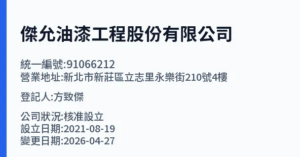 傑允油漆工程股份有限公司的照片-統編 91066212(新北市) 公司登記資料與營業項目詳細圖表