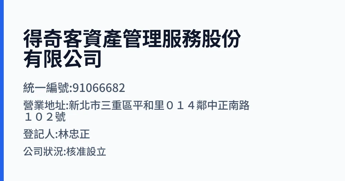 得奇客資產管理服務股份有限公司 - 統編 91066682(新北市) 公司登記資料與營業項目詳細圖表