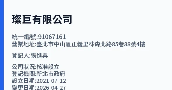 璨巨有限公司的照片-統編 91067161(臺北市) 公司登記資料與營業項目詳細圖表