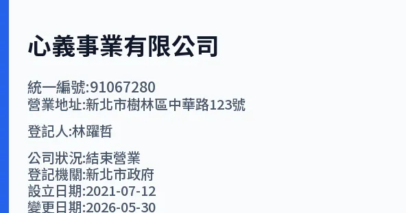 心義事業有限公司的照片-統編 91067280(新北市) 公司登記資料與營業項目詳細圖表