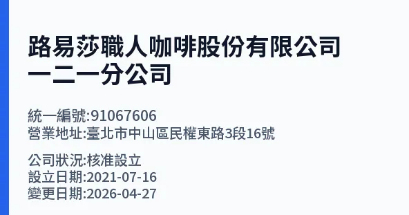 路易莎職人咖啡股份有限公司一二一分公司的照片-統編 91067606(臺北市) 公司登記資料與營業項目詳細圖表