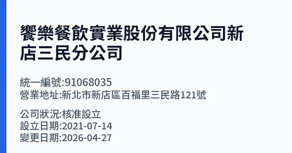 饗樂餐飲實業股份有限公司新店三民分公司的照片-統編 91068035(新北市) 公司登記資料與營業項目詳細圖表
