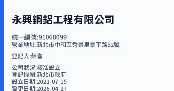 永興鋼鋁工程有限公司的照片-統編 91068099(新北市) 公司登記資料與營業項目詳細圖表