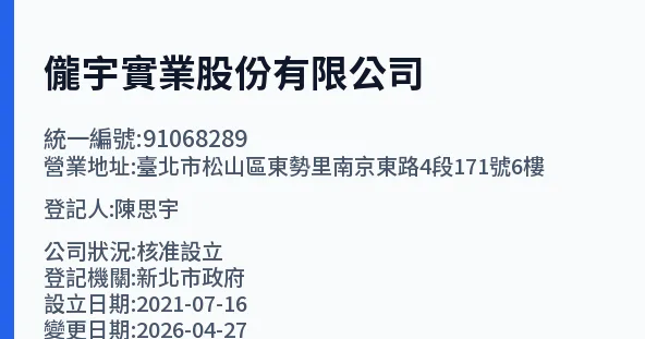儱宇實業股份有限公司的照片-統編 91068289(臺北市) 公司登記資料與營業項目詳細圖表