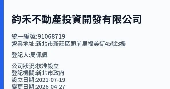 鈞禾不動產投資開發有限公司的照片-統編 91068719(新北市) 公司登記資料與營業項目詳細圖表