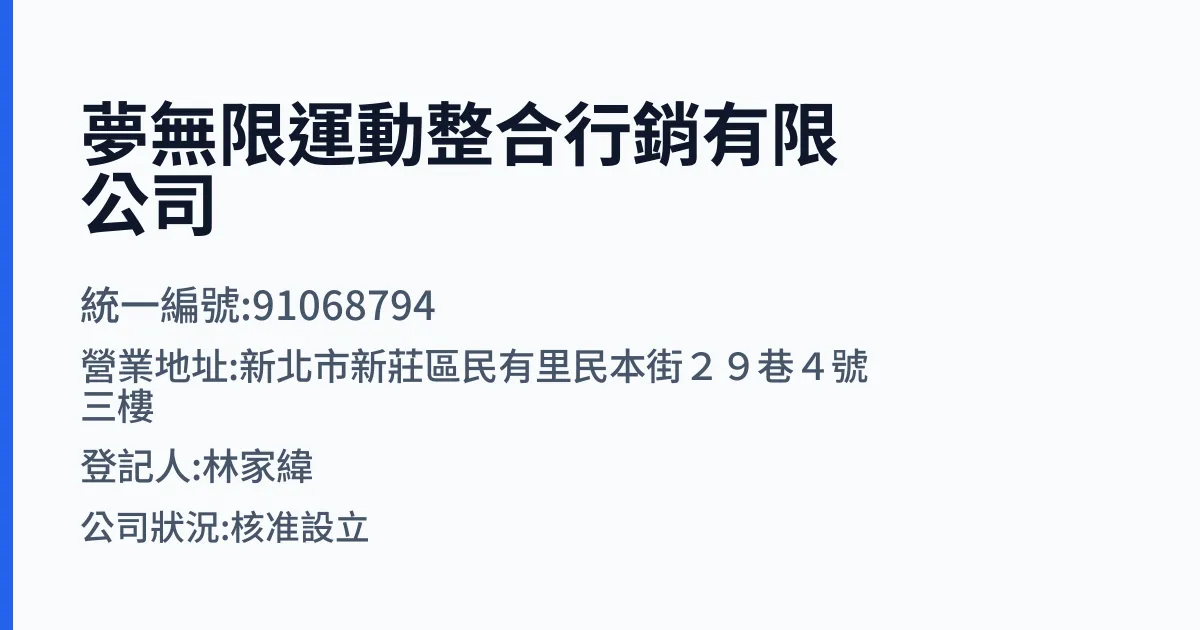 夢無限運動整合行銷有限公司 - 統編 91068794(新北市) 公司登記資料與營業項目詳細圖表