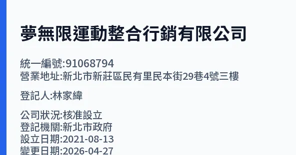 夢無限運動整合行銷有限公司的照片-統編 91068794(新北市) 公司登記資料與營業項目詳細圖表