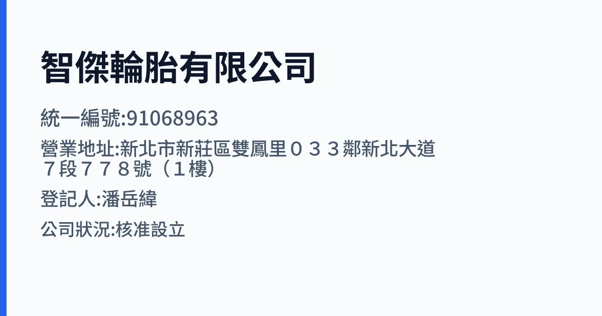 智傑輪胎有限公司 - 統編 91068963(新北市) 公司登記資料與營業項目詳細圖表
