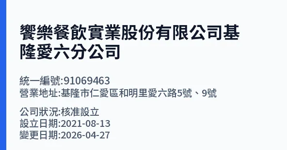 饗樂餐飲實業股份有限公司基隆愛六分公司的照片-統編 91069463(基隆市) 公司登記資料與營業項目詳細圖表