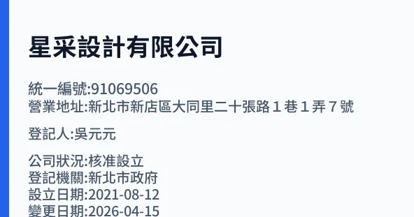星采設計有限公司的照片-統編 91069506(新北市) 公司登記資料與營業項目詳細圖表