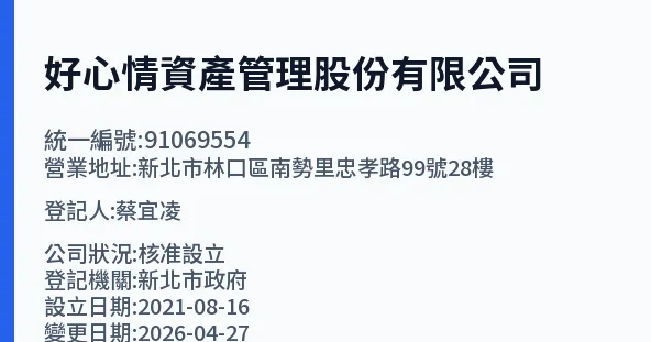 好心情資產管理股份有限公司的照片-統編 91069554(新北市) 公司登記資料與營業項目詳細圖表