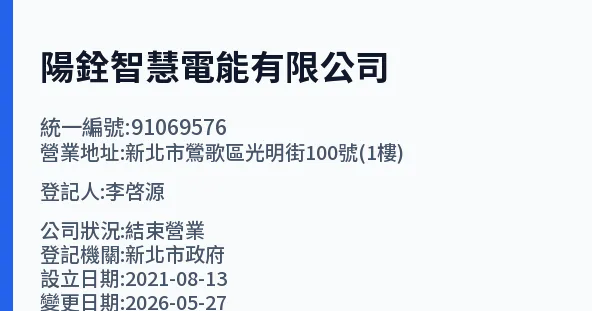 陽銓智慧電能有限公司的照片-統編 91069576(新北市) 公司登記資料與營業項目詳細圖表