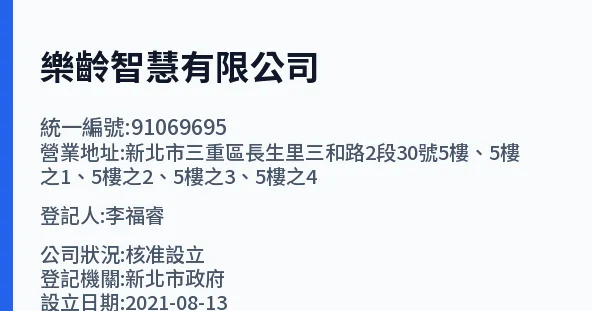 樂齡智慧有限公司的照片-統編 91069695(新北市) 公司登記資料與營業項目詳細圖表