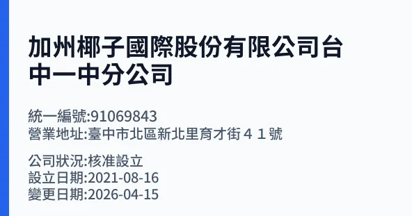 加州椰子國際股份有限公司台中一中分公司的照片-統編 91069843(臺中市) 公司登記資料與營業項目詳細圖表