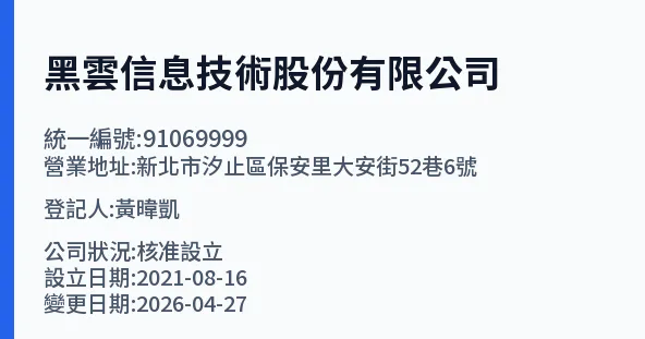 黑雲信息技術股份有限公司的照片-統編 91069999(新北市) 公司登記資料與營業項目詳細圖表