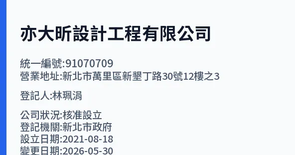 亦大昕設計工程有限公司的照片-統編 91070709(新北市) 公司登記資料與營業項目詳細圖表