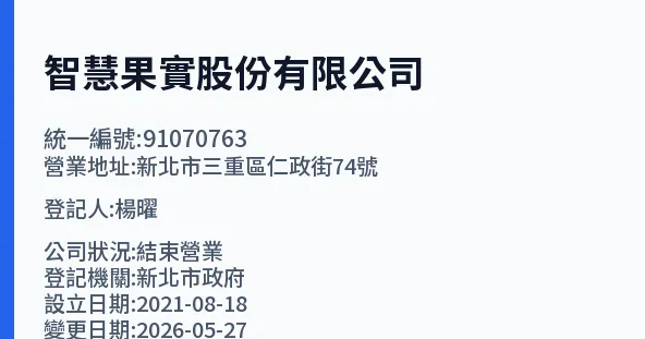 智慧果實股份有限公司的照片-統編 91070763(新北市) 公司登記資料與營業項目詳細圖表