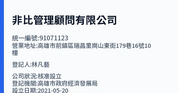非比管理顧問有限公司的照片-統編 91071123(高雄市) 公司登記資料與營業項目詳細圖表
