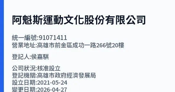 阿魁斯運動文化股份有限公司的照片-統編 91071411(高雄市) 公司登記資料與營業項目詳細圖表