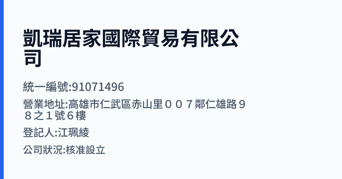 凱瑞居家國際貿易有限公司 - 統編 91071496(高雄市) 公司登記資料與營業項目詳細圖表