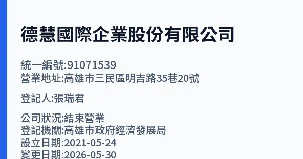 德慧國際企業股份有限公司的照片-統編 91071539(高雄市) 公司登記資料與營業項目詳細圖表