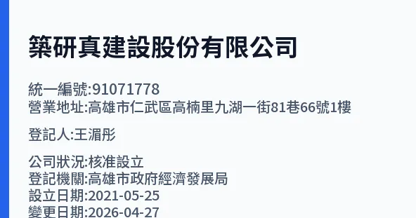 築研真建設股份有限公司的照片-統編 91071778(高雄市) 公司登記資料與營業項目詳細圖表