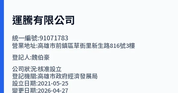 運騰有限公司的照片-統編 91071783(高雄市) 公司登記資料與營業項目詳細圖表