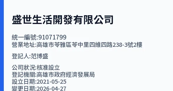 盛世生活開發有限公司的照片-統編 91071799(高雄市) 公司登記資料與營業項目詳細圖表