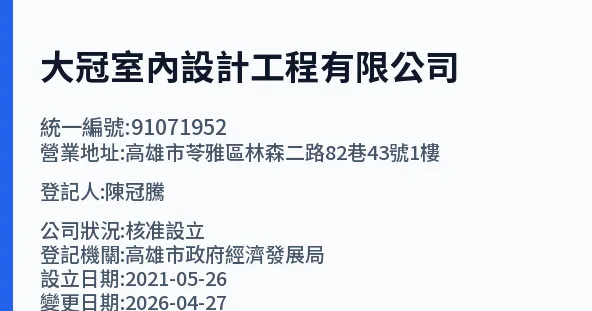 大冠室內設計工程有限公司的照片-統編 91071952(高雄市) 公司登記資料與營業項目詳細圖表