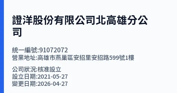 證洋股份有限公司北高雄分公司的照片-統編 91072072(高雄市) 公司登記資料與營業項目詳細圖表