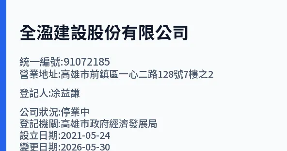 全溋建設股份有限公司的照片-統編 91072185(高雄市) 公司登記資料與營業項目詳細圖表