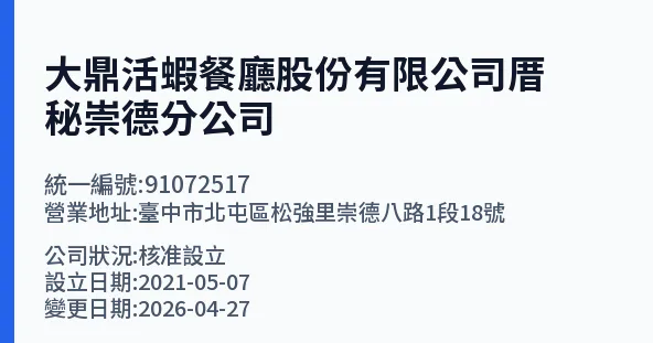 大鼎活蝦餐廳股份有限公司厝秘崇德分公司的照片-統編 91072517(臺中市) 公司登記資料與營業項目詳細圖表