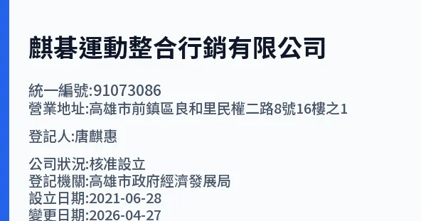 麒碁運動整合行銷有限公司的照片-統編 91073086(高雄市) 公司登記資料與營業項目詳細圖表