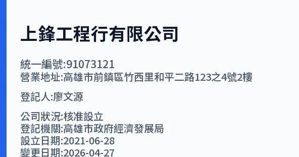 上鋒工程行有限公司的照片-統編 91073121(高雄市) 公司登記資料與營業項目詳細圖表