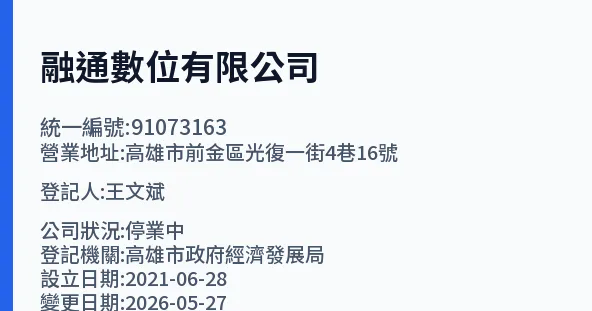 融通數位有限公司的照片-統編 91073163(高雄市) 公司登記資料與營業項目詳細圖表