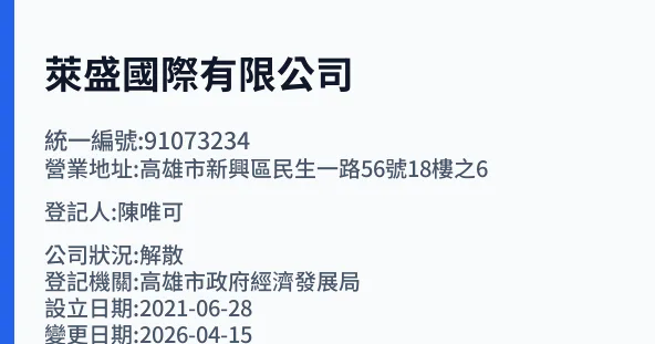 萊盛國際有限公司的照片-統編 91073234(高雄市) 公司登記資料與營業項目詳細圖表