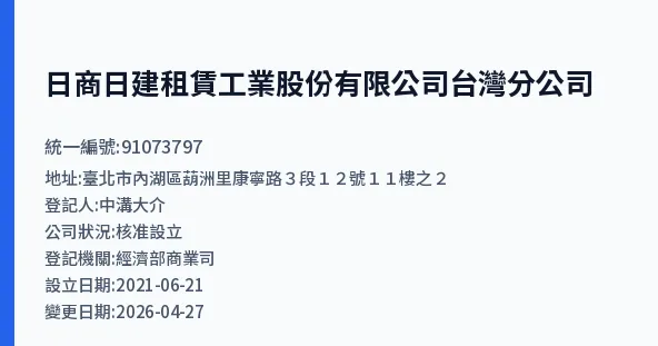 日商日建租賃工業股份有限公司台灣分公司的照片-統編 91073797(臺北市) 公司登記資料與營業項目詳細圖表