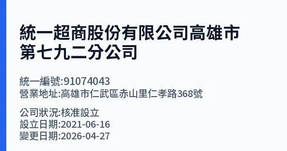 統一超商股份有限公司高雄市第七九二分公司的照片-統編 91074043(高雄市) 公司登記資料與營業項目詳細圖表