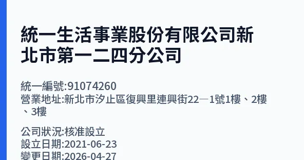 統一生活事業股份有限公司新北市第一二四分公司的照片-統編 91074260(新北市) 公司登記資料與營業項目詳細圖表